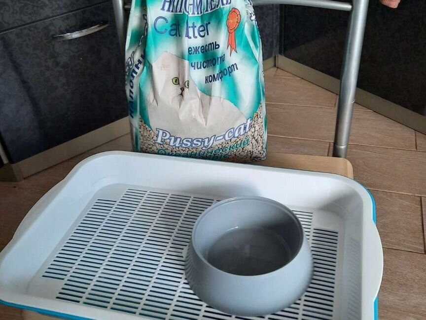 Лоток, миска, полная вскрытая пачка наполнителя