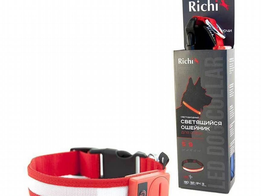 1022 Ошейник richi 37-40см (M) красный со светящей