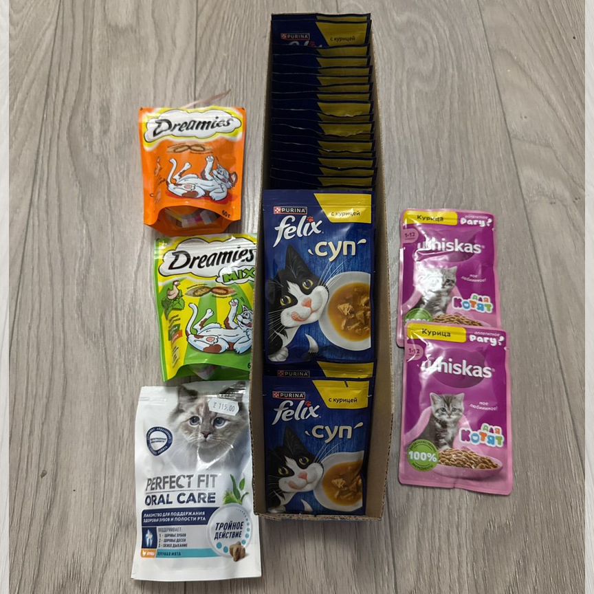 Корм для кошек 37шт Felix суп, Whiskas, Dreamies
