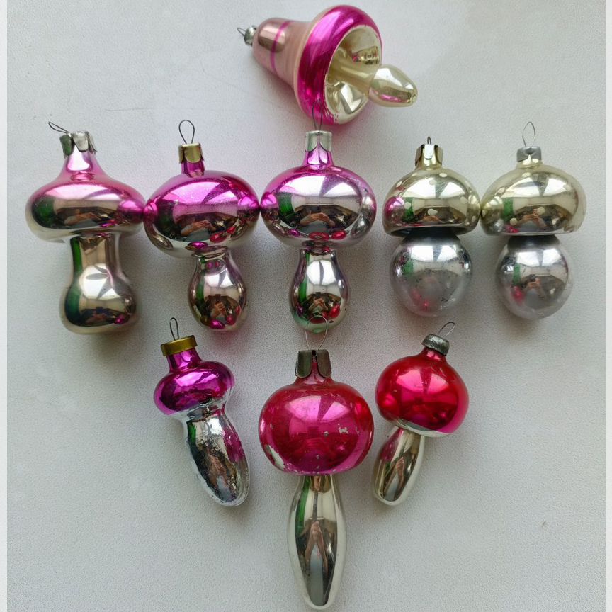 Ёлочные игрушки СССР (стекло) грибы и птицы