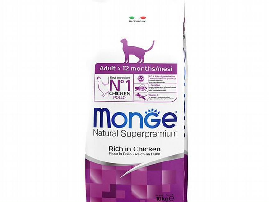 Корм Monge для кошек. Монж кура,монж эдалт, 10 кг